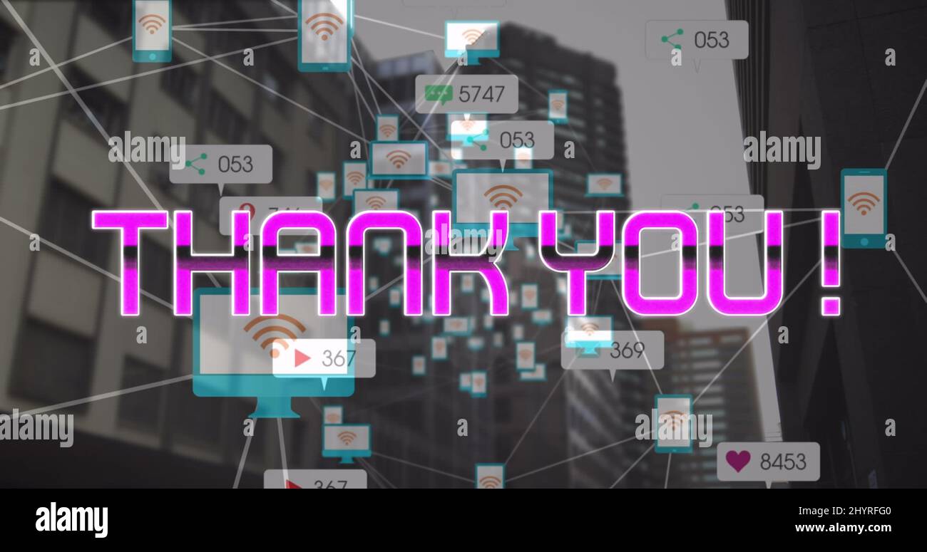 Image of thank you text, networks of connections and numbers growing ...