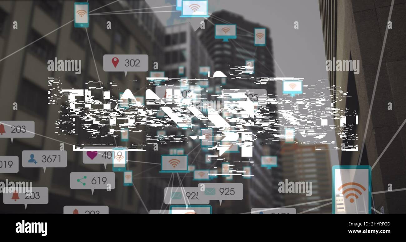 Image of thank you text, network of connections and numbers growing ...