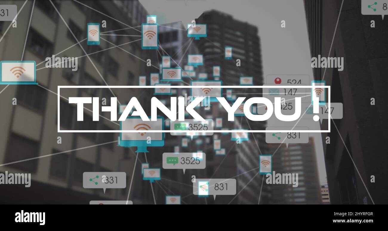 Image of thank you text, network of connections and numbers growing ...
