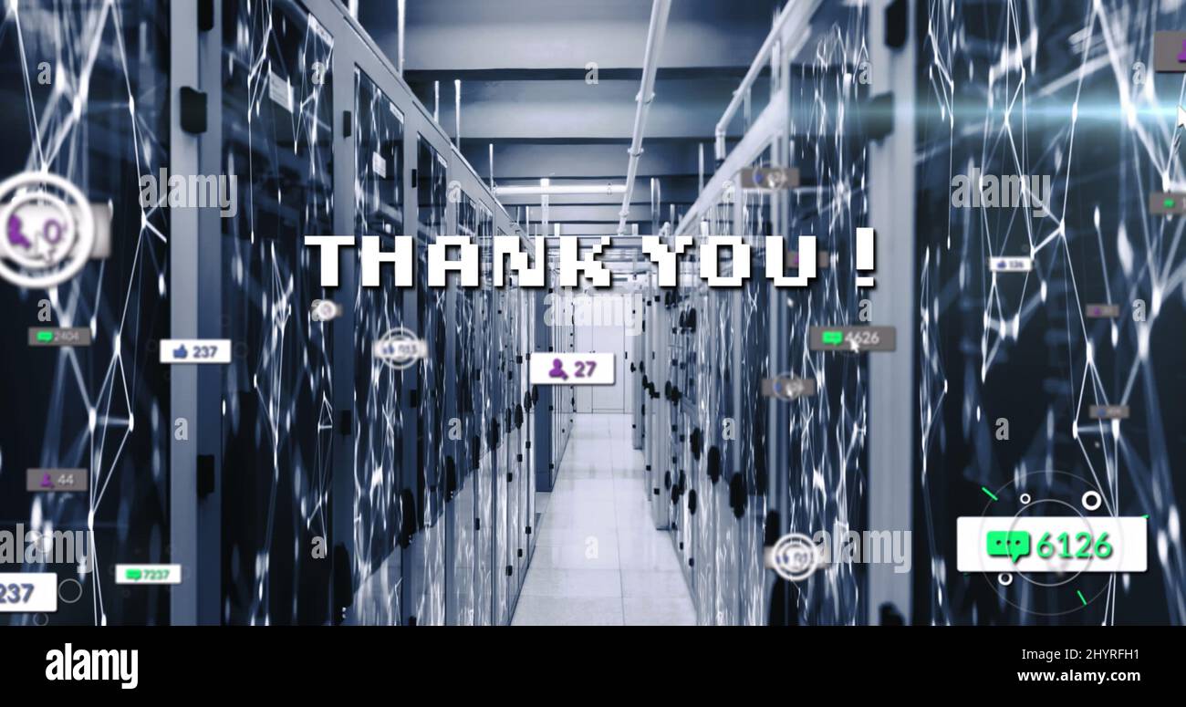 Image of thank you text and numbers growing over server room Stock ...