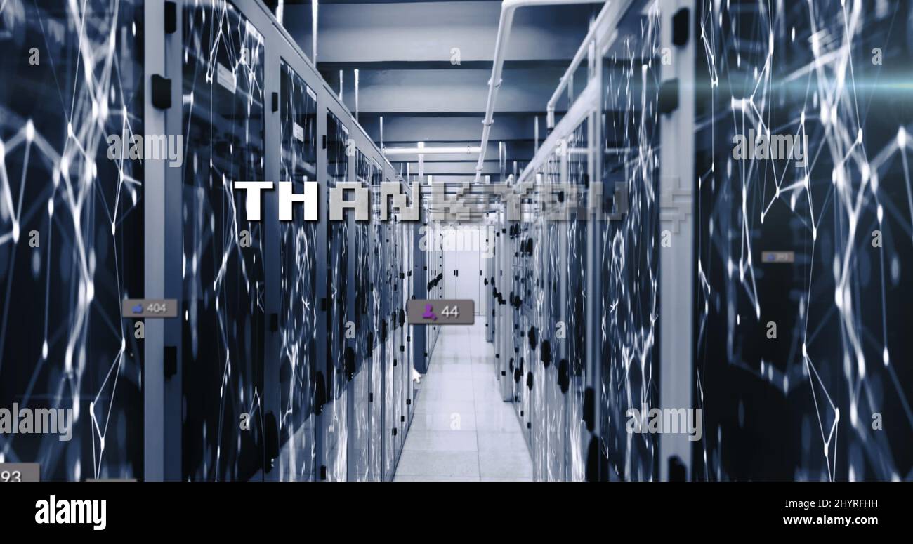Image of thank you text and numbers growing over server room Stock ...