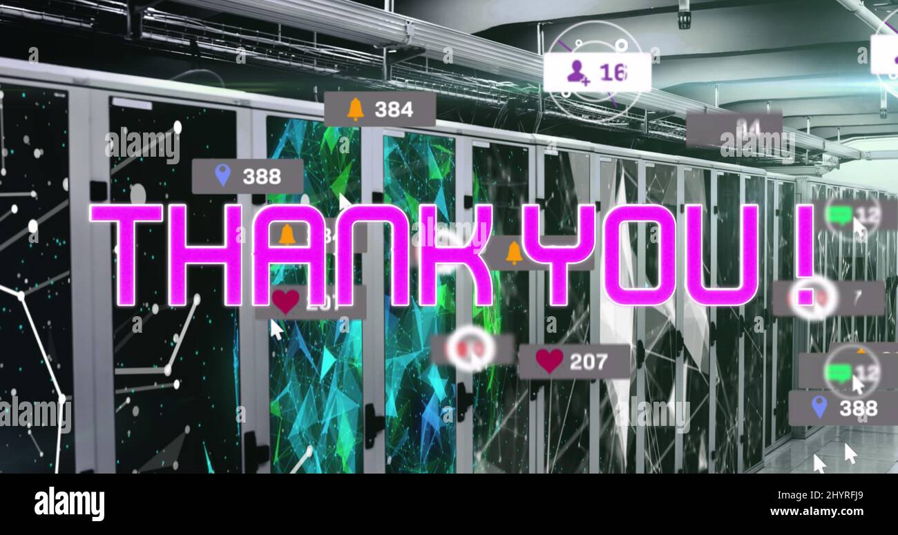 Image of thank you text and numbers growing over server room Stock ...