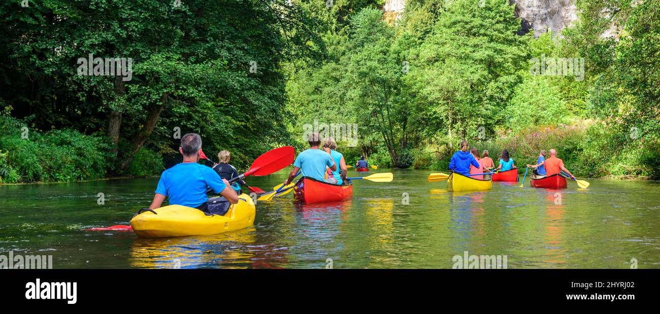 Group of people paddling on river in middle franconia Stock Photo - Alamy