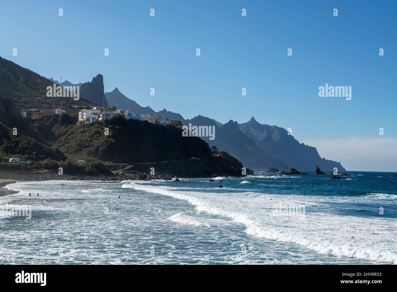 Panoramic view on lava rocks of laya de Almaciga and blue Atlantic ...