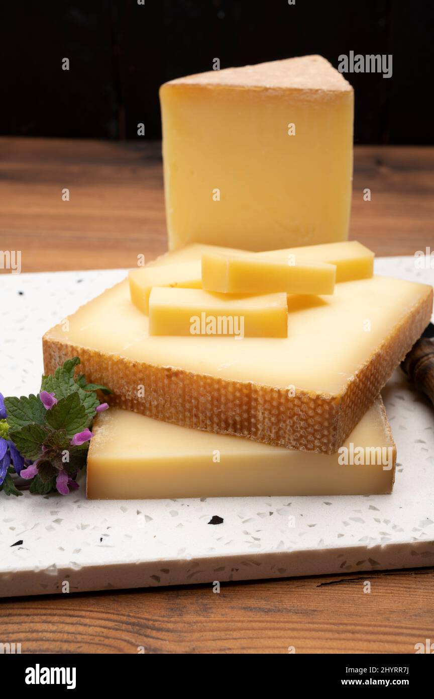 Swiss cheese collection, gruyere cheese made from unpasteurized cow's ...