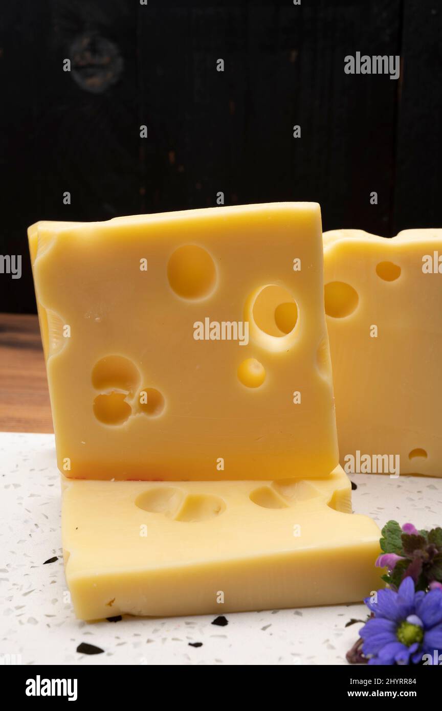 Swiss cheese collection, yellow emmentaler or emmental cheese with ...