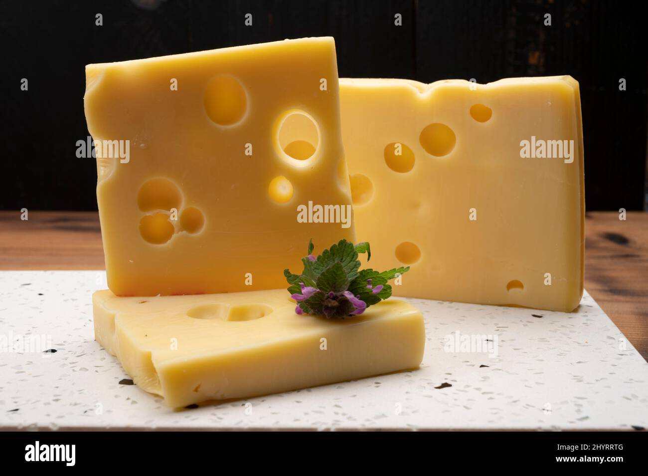 Swiss cheese collection, yellow emmentaler or emmental cheese with ...