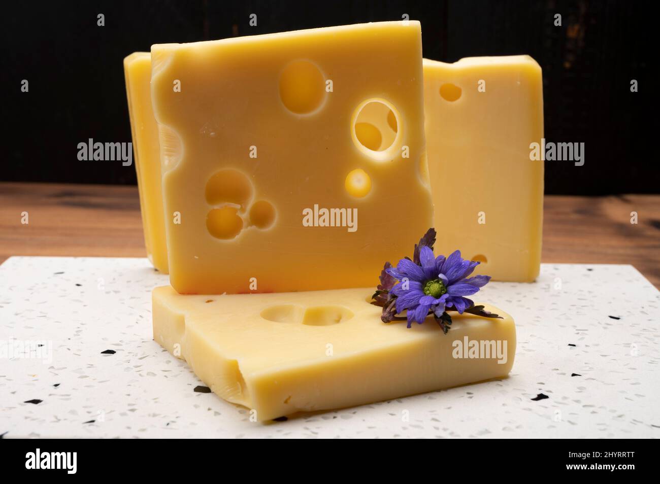 Swiss cheese collection, yellow emmentaler or emmental cheese with ...