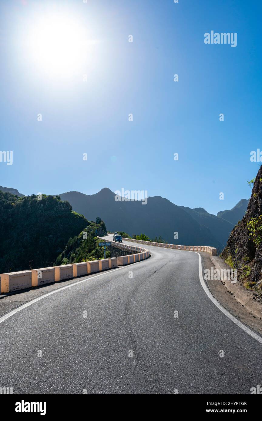Driving on narrow road in Anaga national park near Tanagana village ...