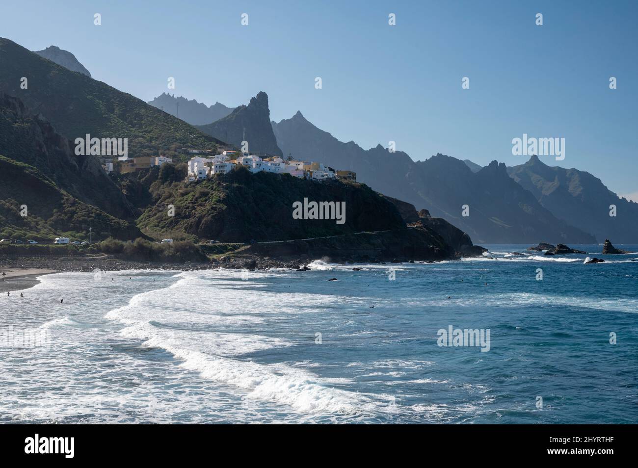 Panoramic view on lava rocks of laya de Almaciga and blue Atlantic ...