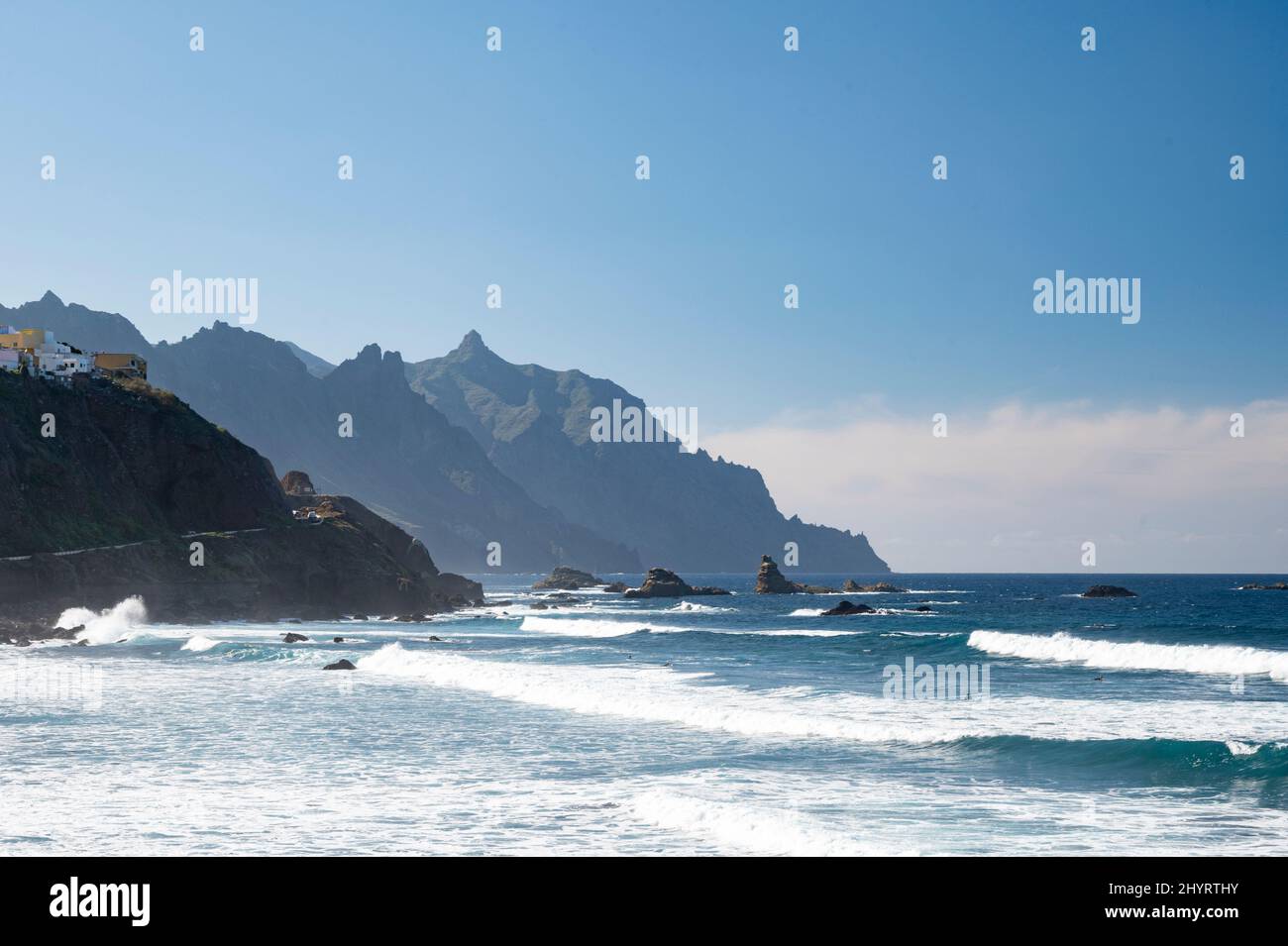 Panoramic view on lava rocks of laya de Almaciga and blue Atlantic ...