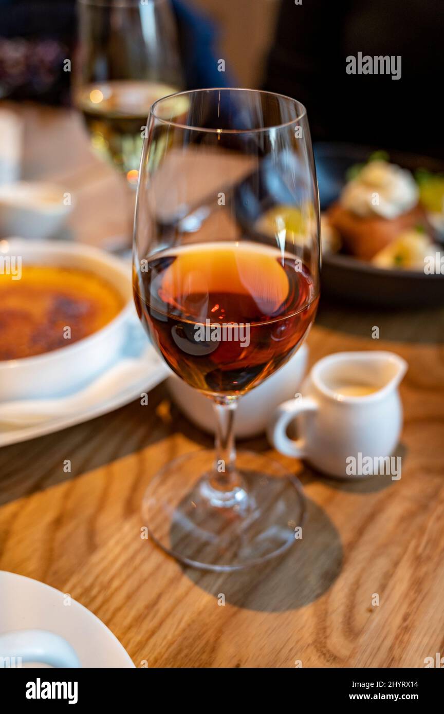 Sweet digestif sherry fortified wine served after dinner in restaurant ...