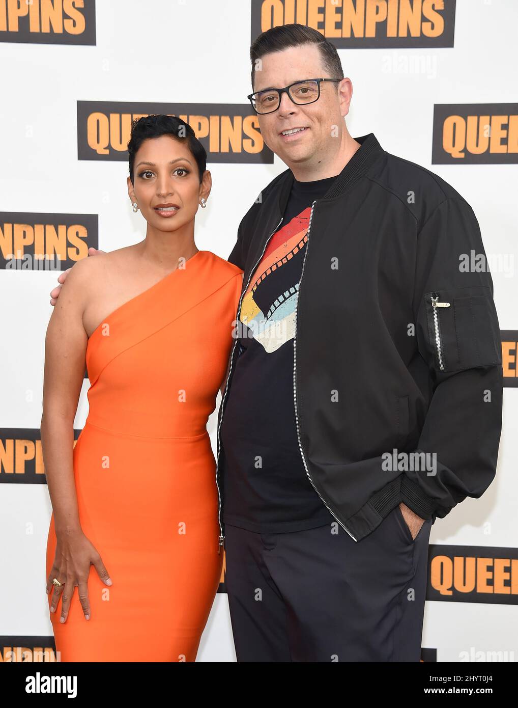 Gita Pullapilly and Aron Gaudet at STX films "Queenpins" photocall held ...