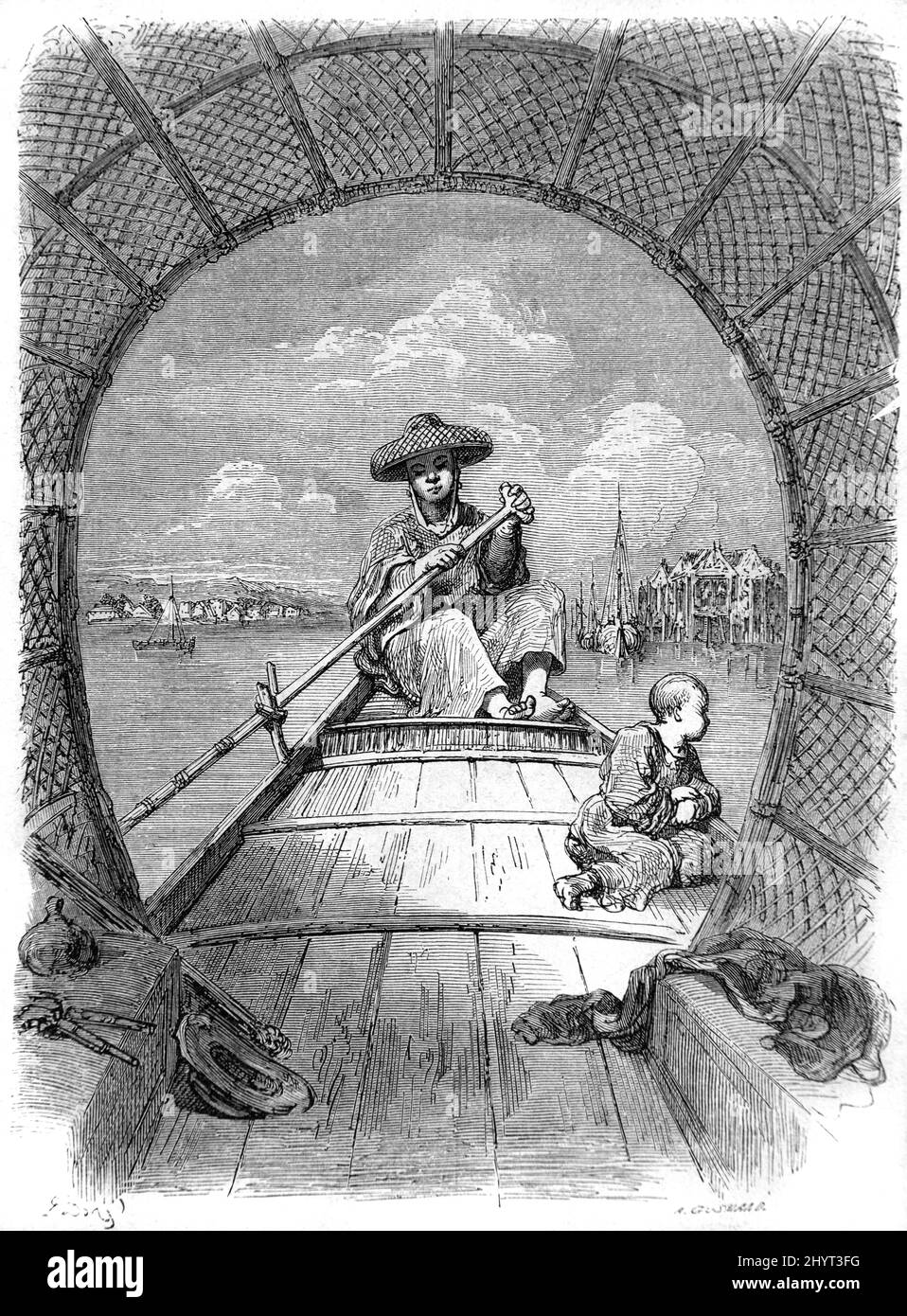 Chinese Boatman Steering Wooden Chinese Boat, resembling a Shikara or ...