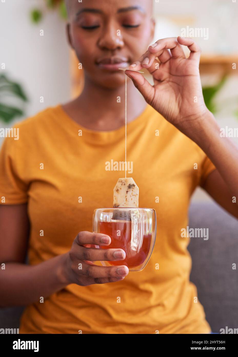 A young woman makes a cup of rooibos or red bush tea for health and ...