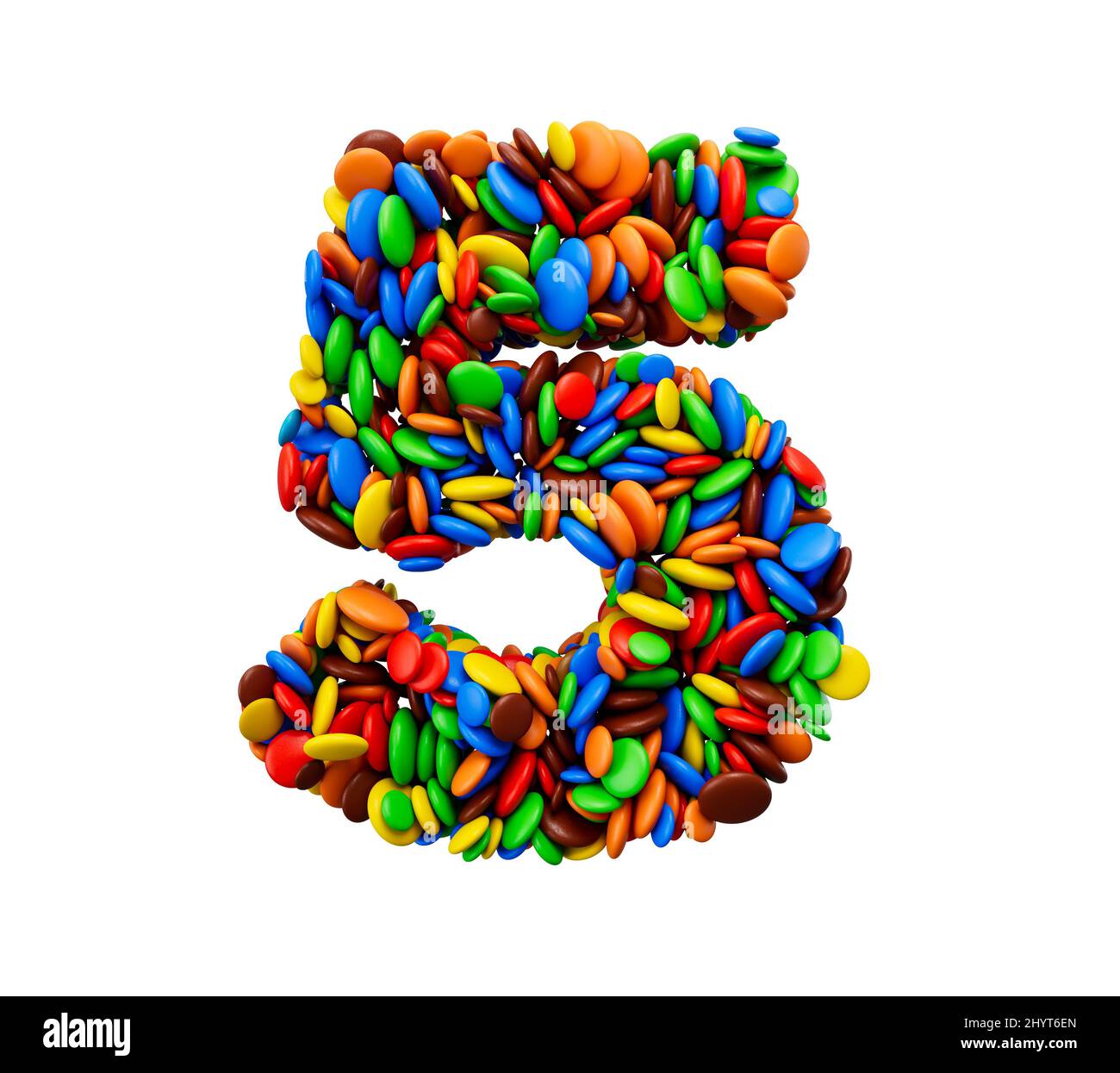 Digit 5 made of multicolored rainbow candies isolated on a white ...