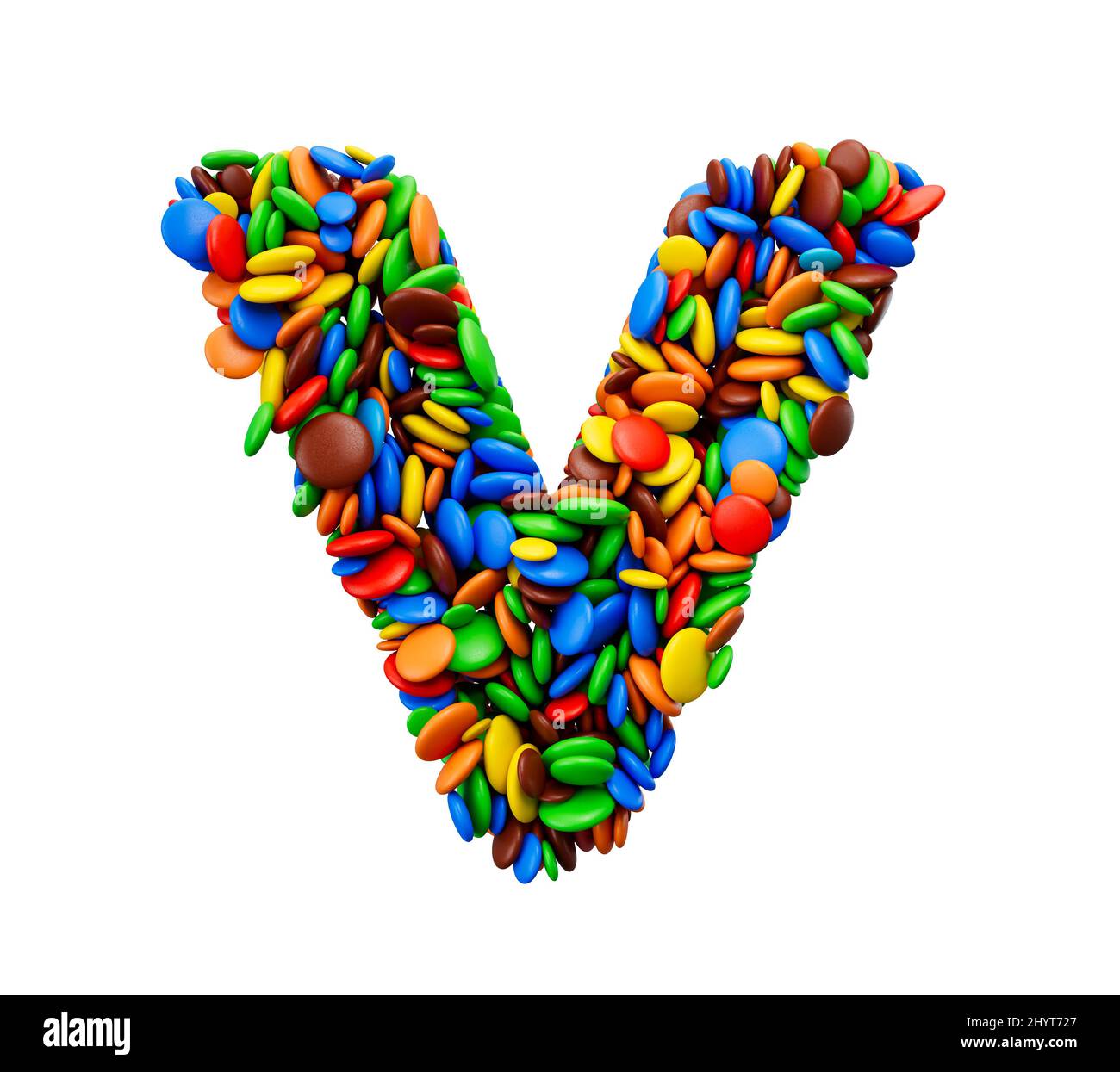 Letter V made of multicolored rainbow candies isolated on a white ...