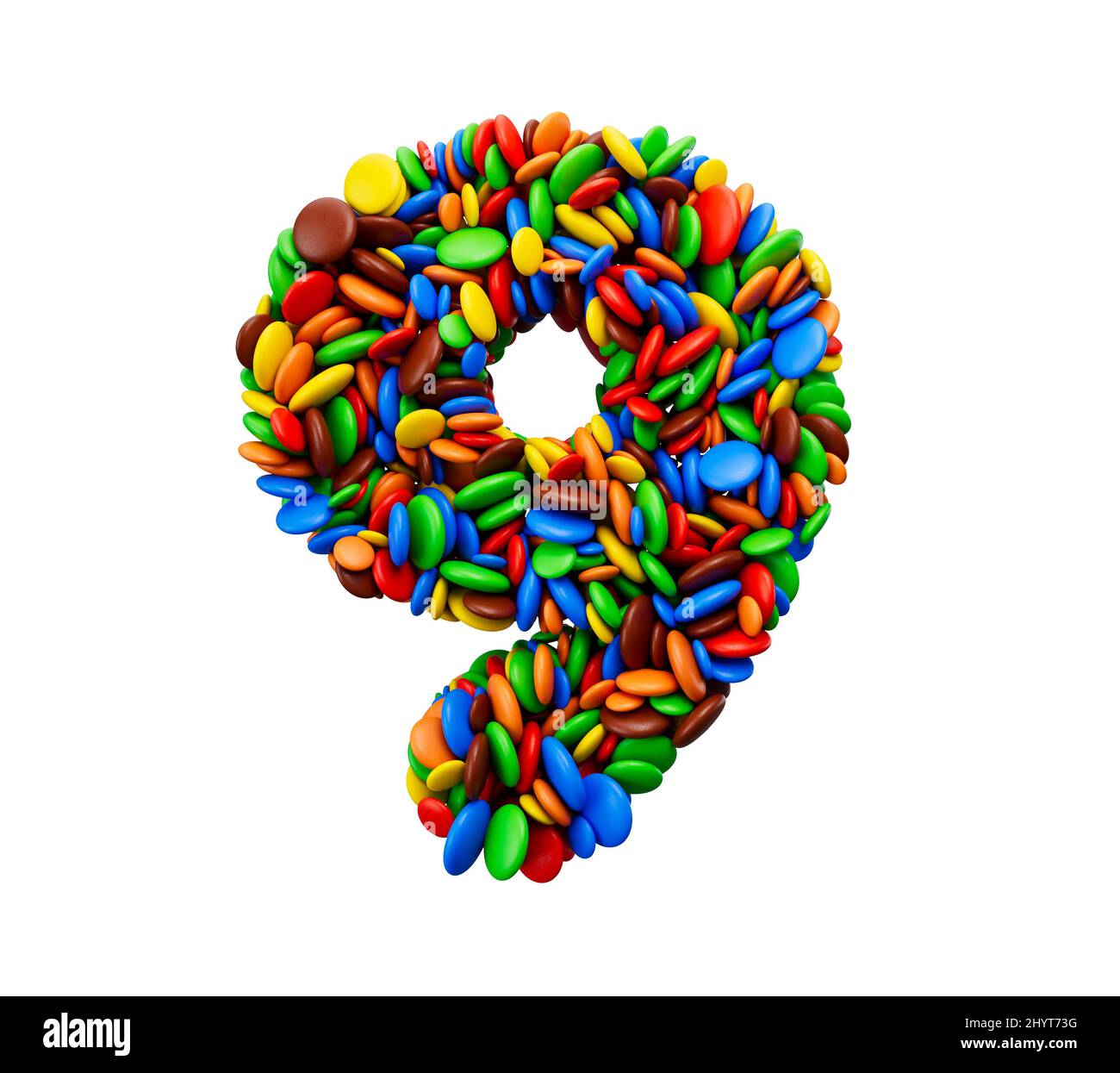 Digit 9 made of multicolored rainbow candies isolated on a white ...