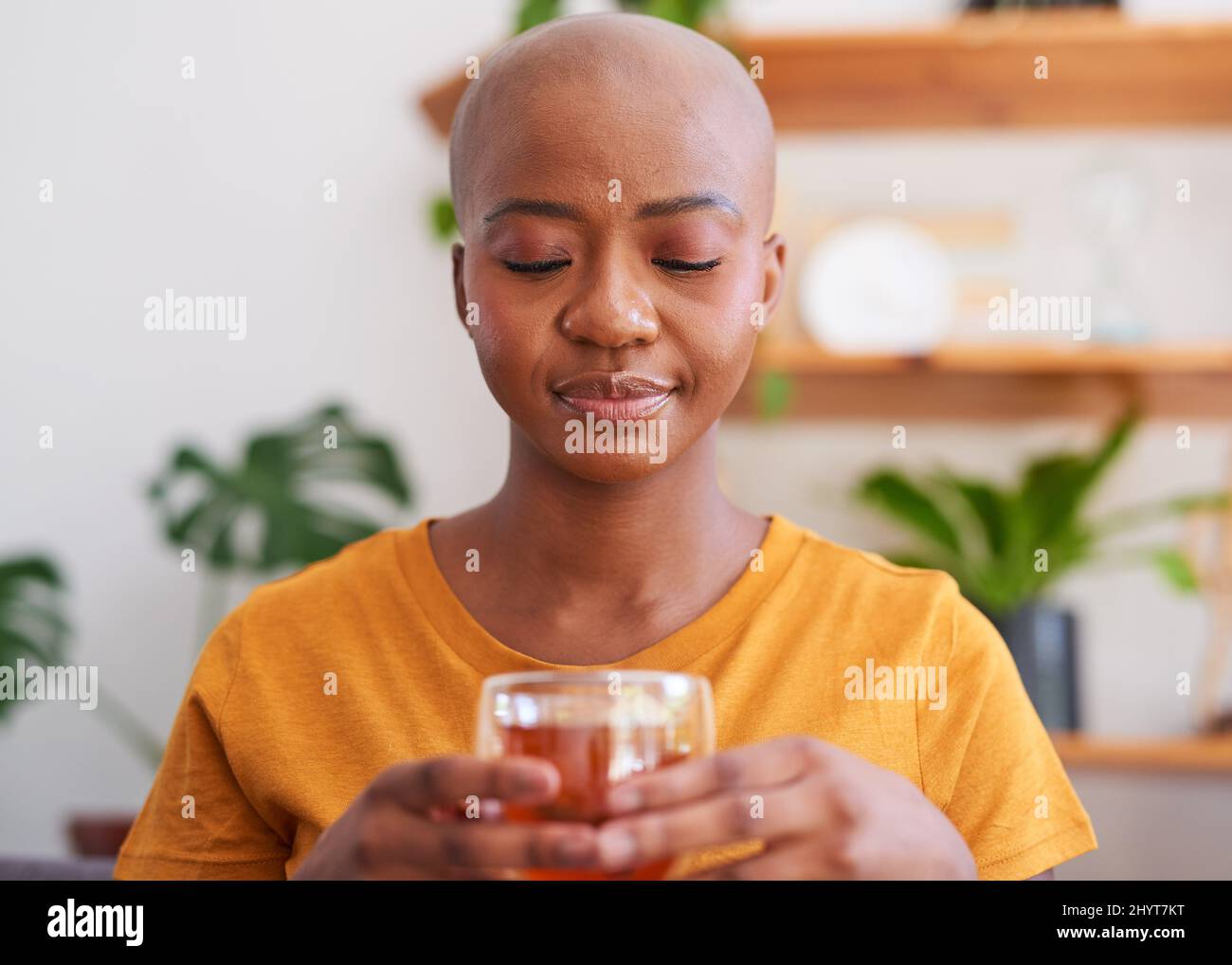 A young woman makes a cup of rooibos or red bush tea for health and ...