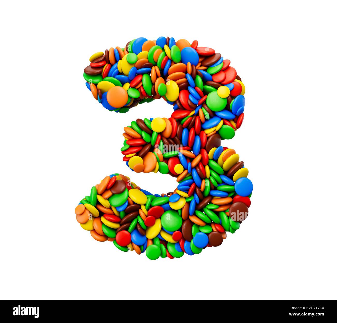 Digit 3 made of multicolored rainbow candies isolated on a white ...