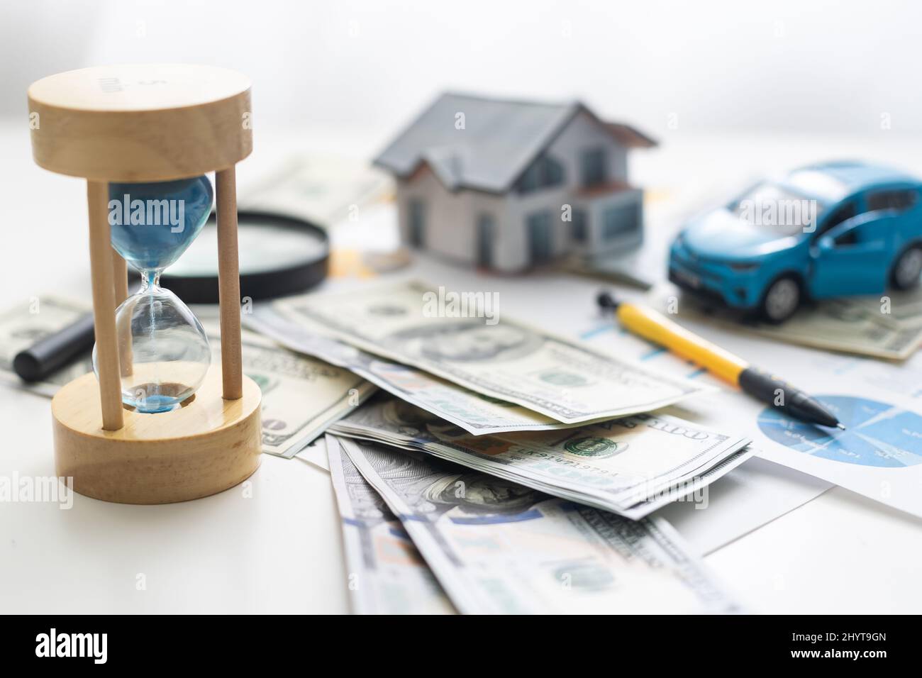 Car insurance concept. car model drive on money with insurance paper ...