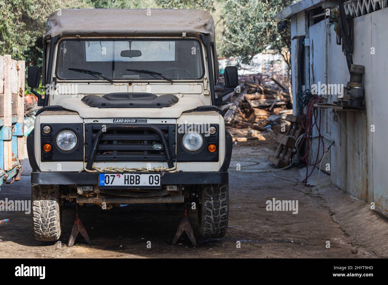 Side, Turkey -February 18, 2022: white Land Rover Defender parked on ...
