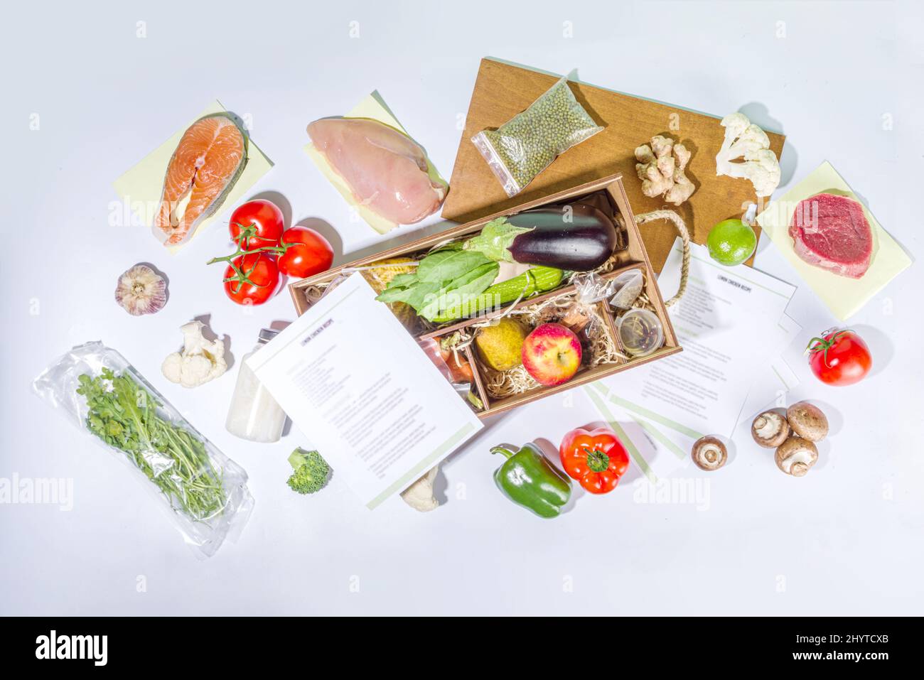 Meal Kit Delivery Concept. Set various healthy dishes food ingredients ...