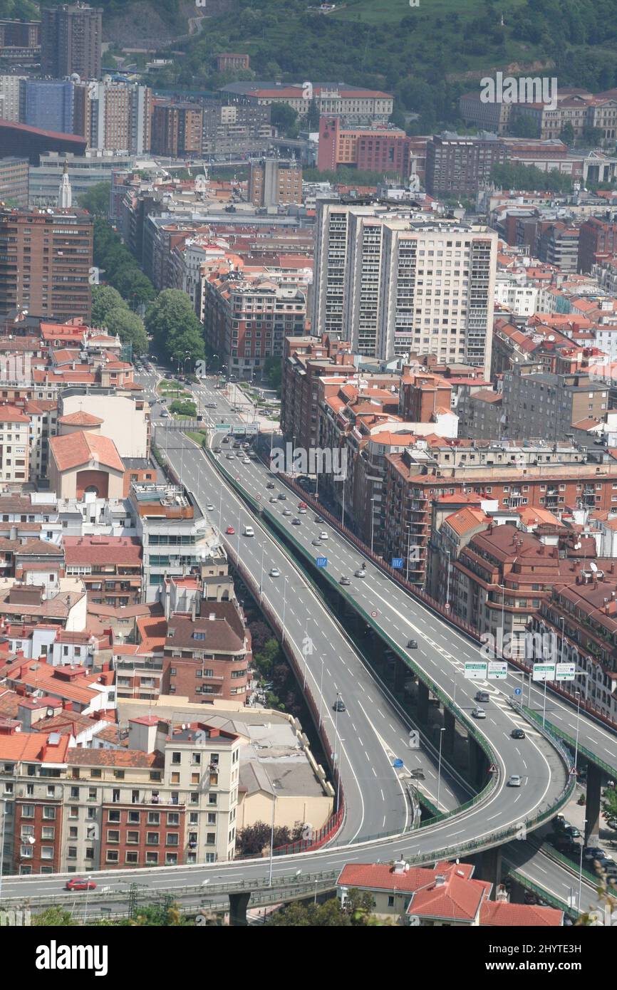 Vertical aerial view of buildings in the center of Bilbao, Spain Stock ...