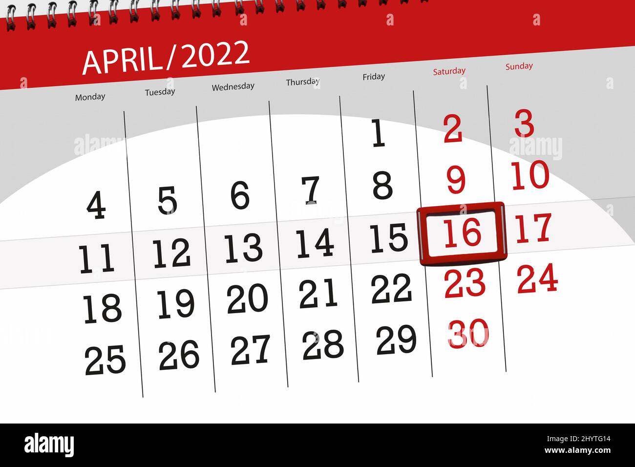 Calendar planner for the month april 2022, deadline day, 16, saturday ...