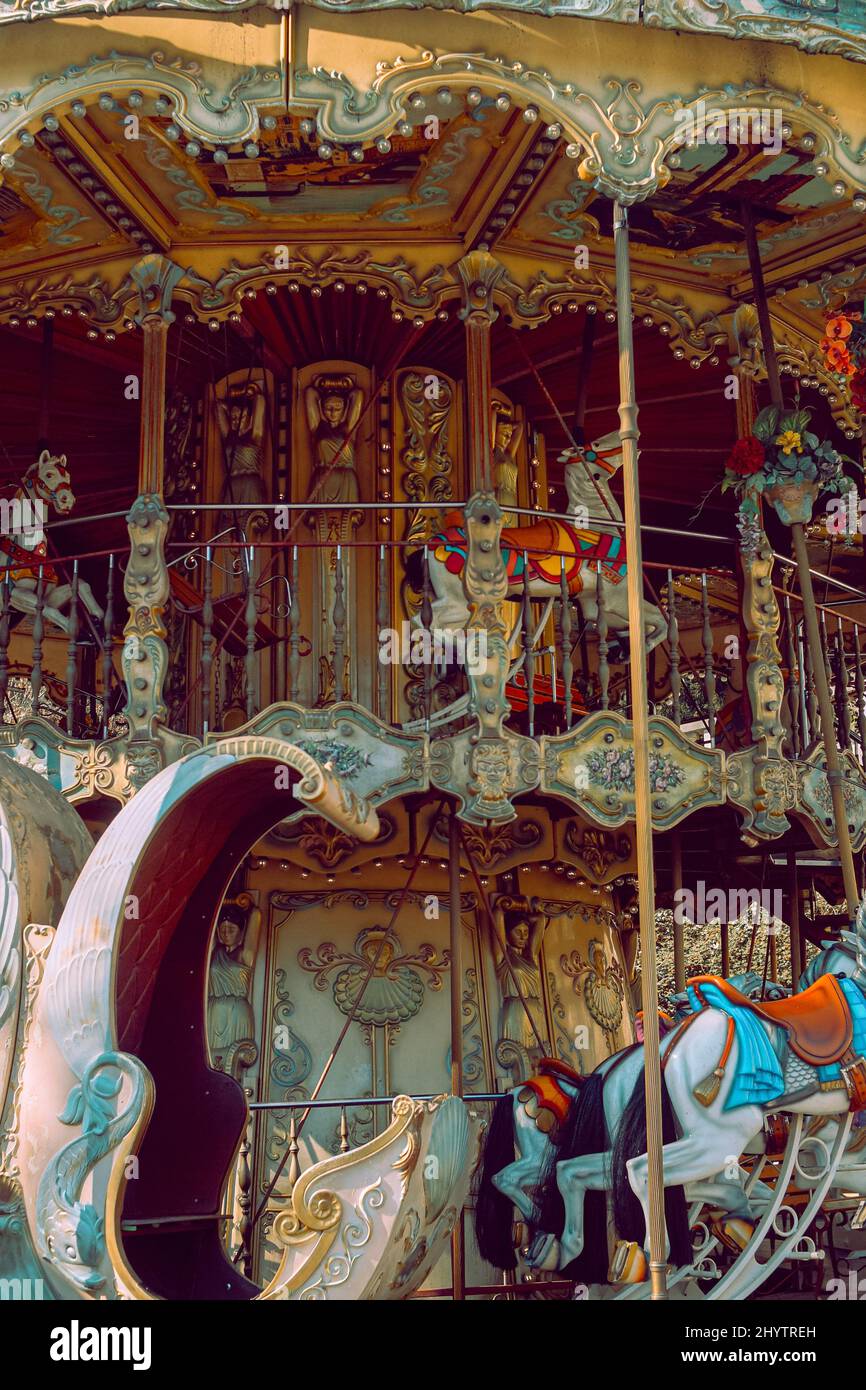 PARIS, FRANCE, 08.03.2022 Children's circular carousel with horses in ...