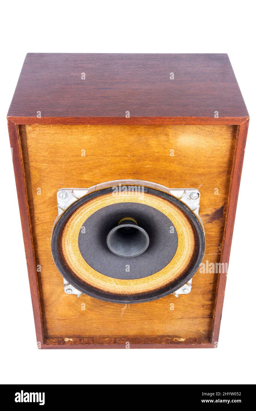 Single vintage speaker with full range driver isolated on white ...