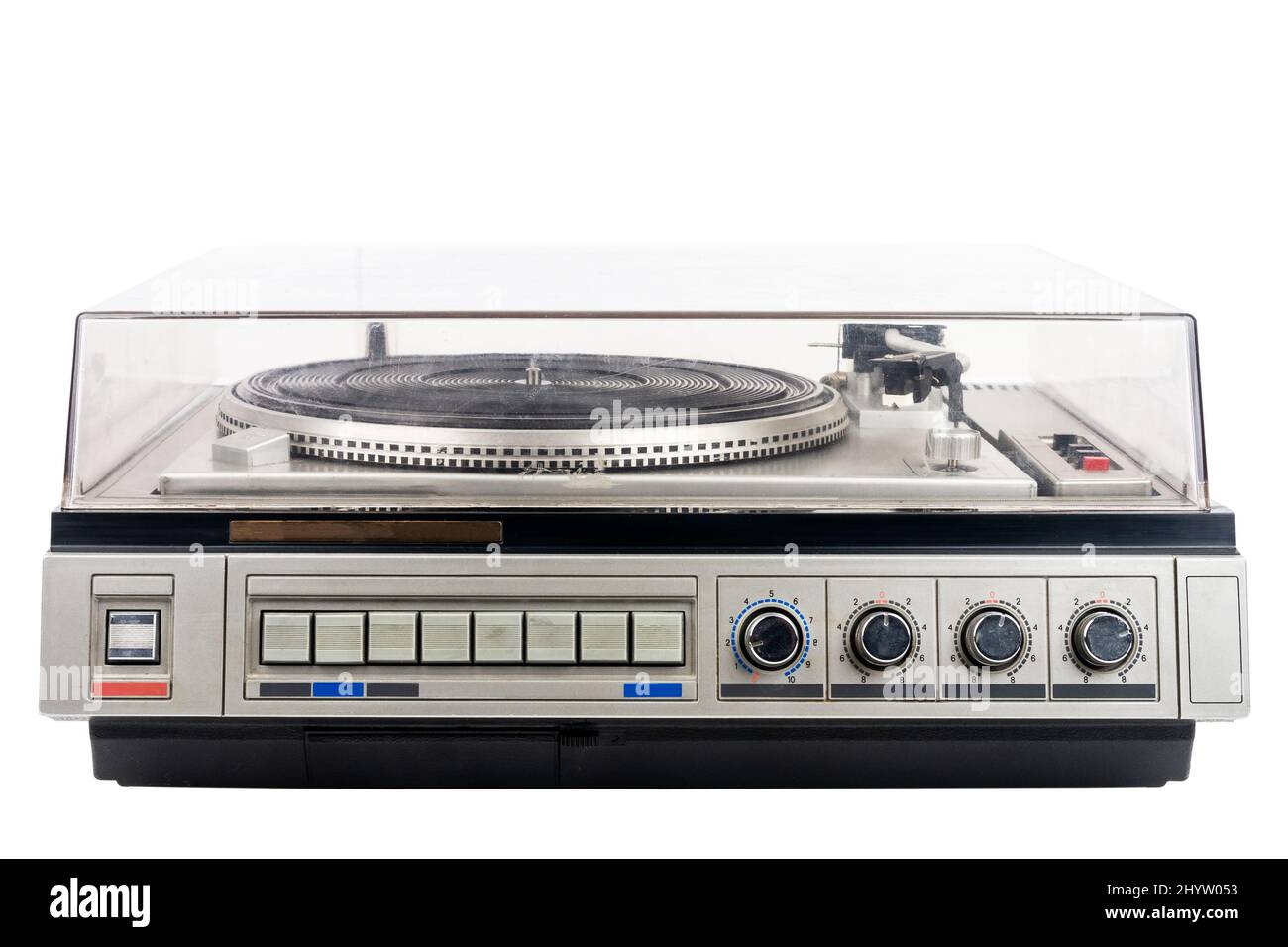 Vintage turntable record player with dust cover isolated on white ...