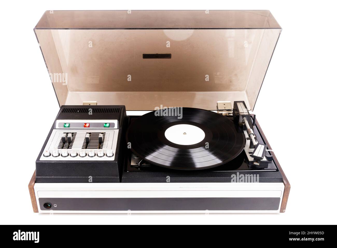 Vintage turntable record player with dust cover isolated on white ...