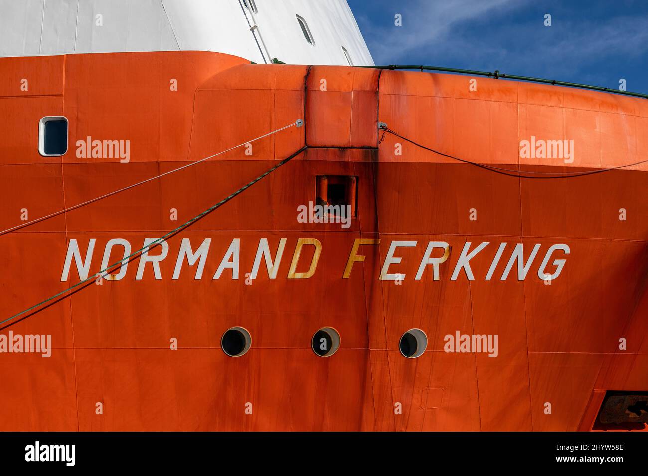 Detail from hull of offshore AHTS anchor handling tug supply vessel ...