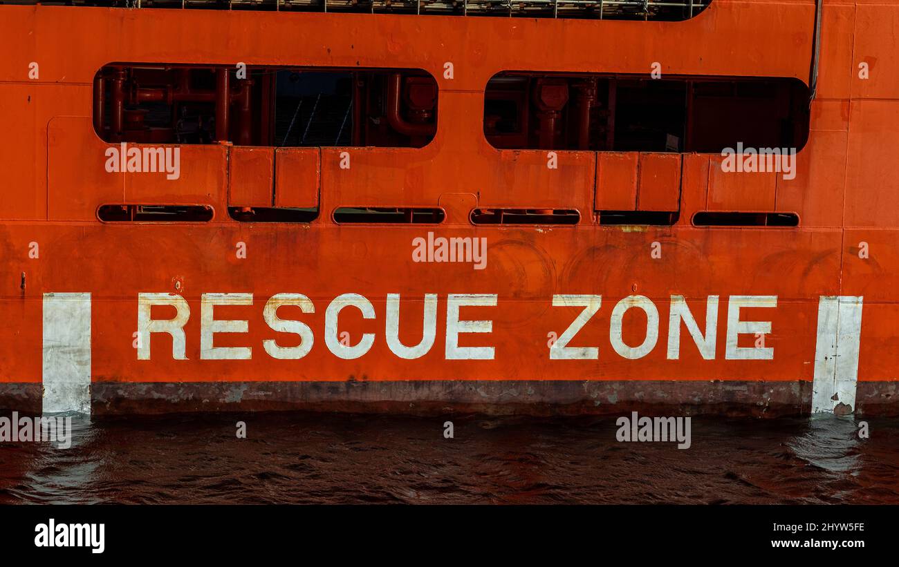 Details from hull of offshore AHTS anchor handling tug supply vessel ...