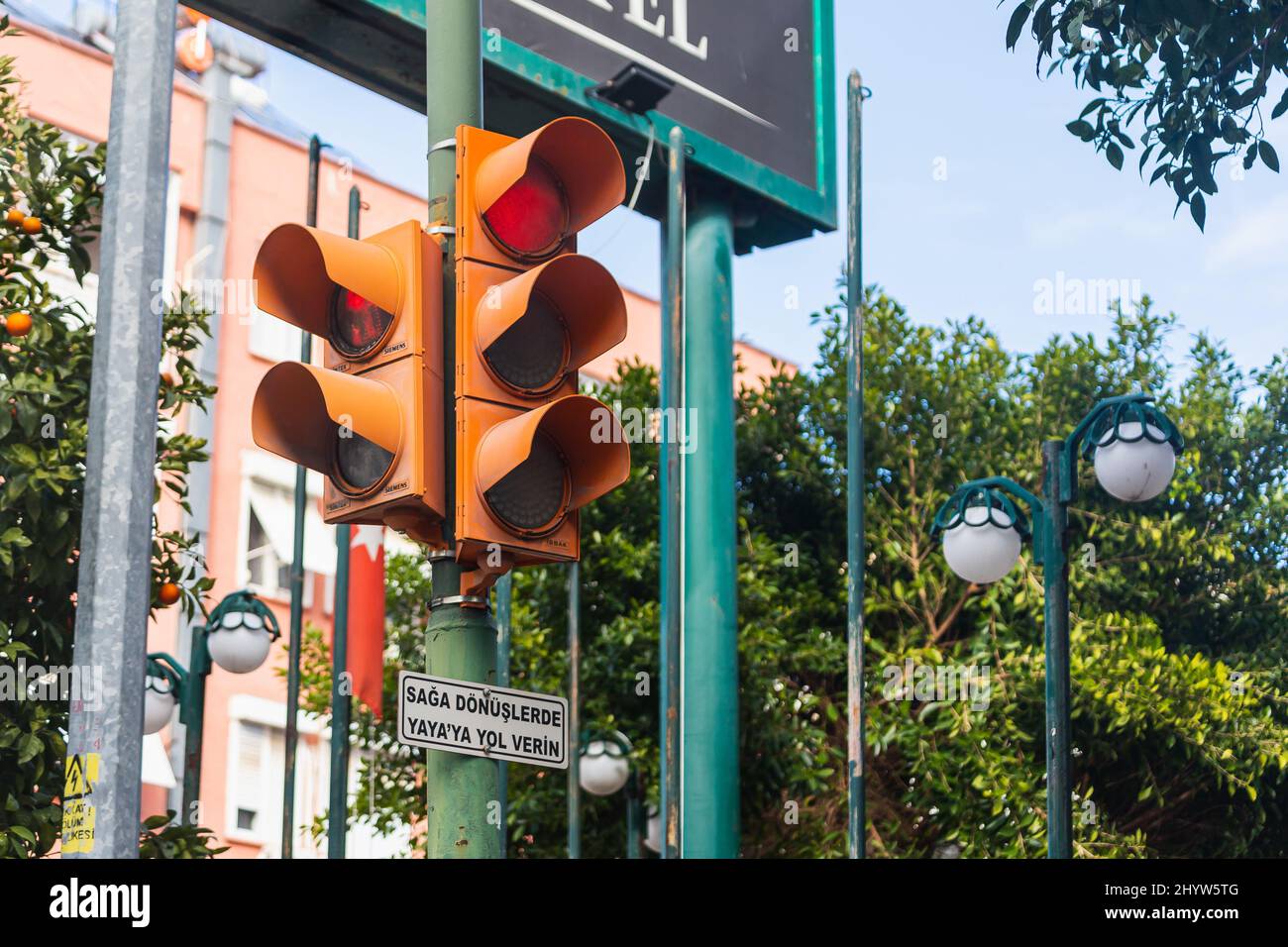 Side, Turkey – February 20 2022: Traffic lights over urban intersection ...