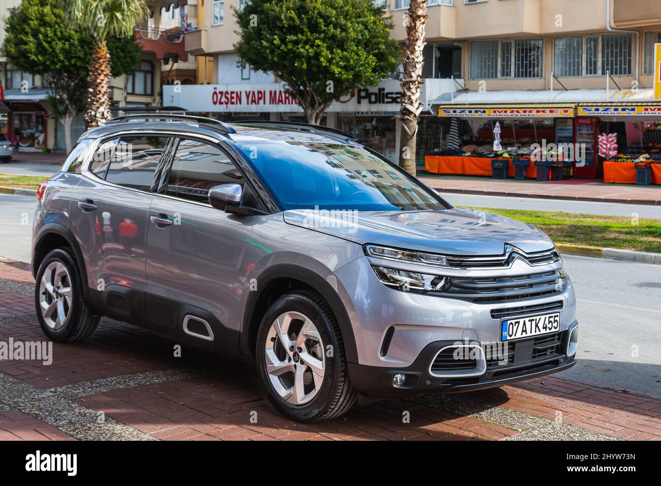 Side, Turkey – February 20 2022: silver Citroen С5 Aircross is driving ...