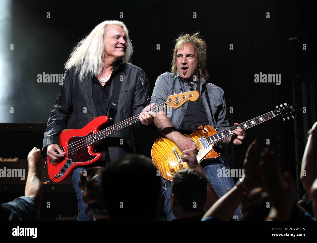 Bruce Hall and Dave Amato of REO Speedwagon perform on stage at the ...