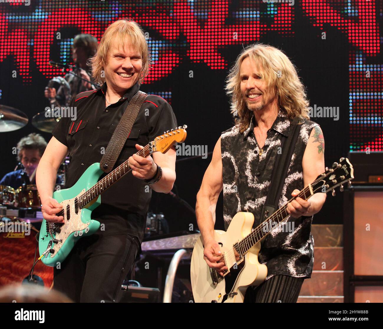 James Young and Tommy Shaw of REO Speedwagon perform on stage at the ...
