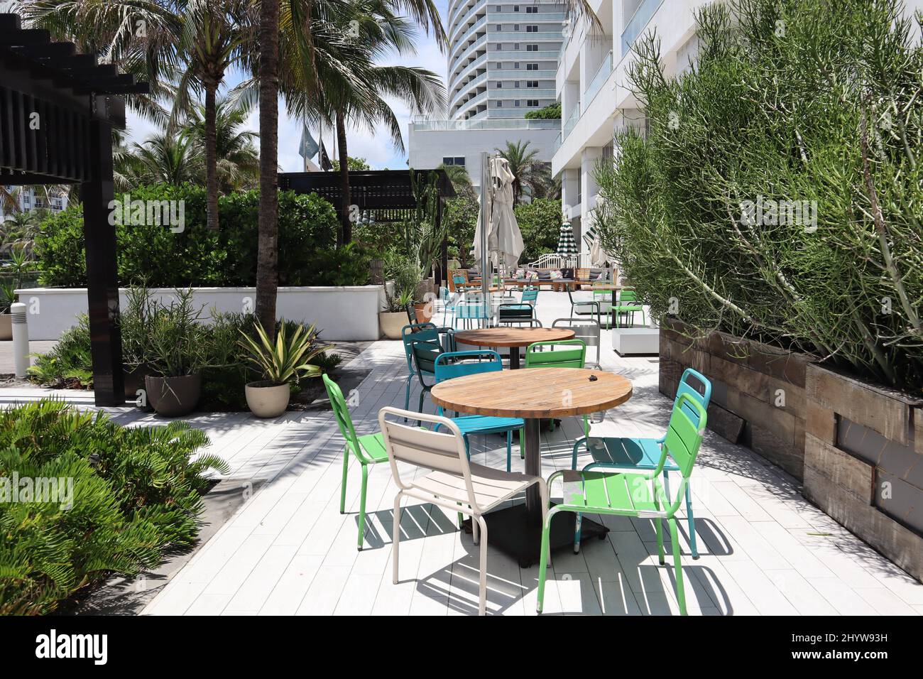 View of seats on a patio at a restaurant in Miami, Florida, USA Stock ...