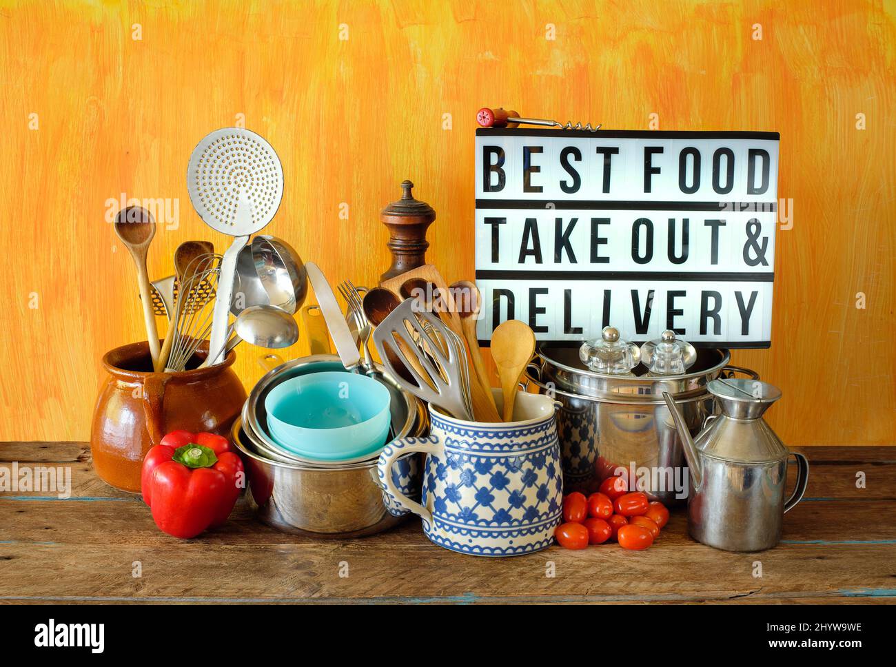 Restaurant take away sign with kitchen utensils and vegetables, food ...
