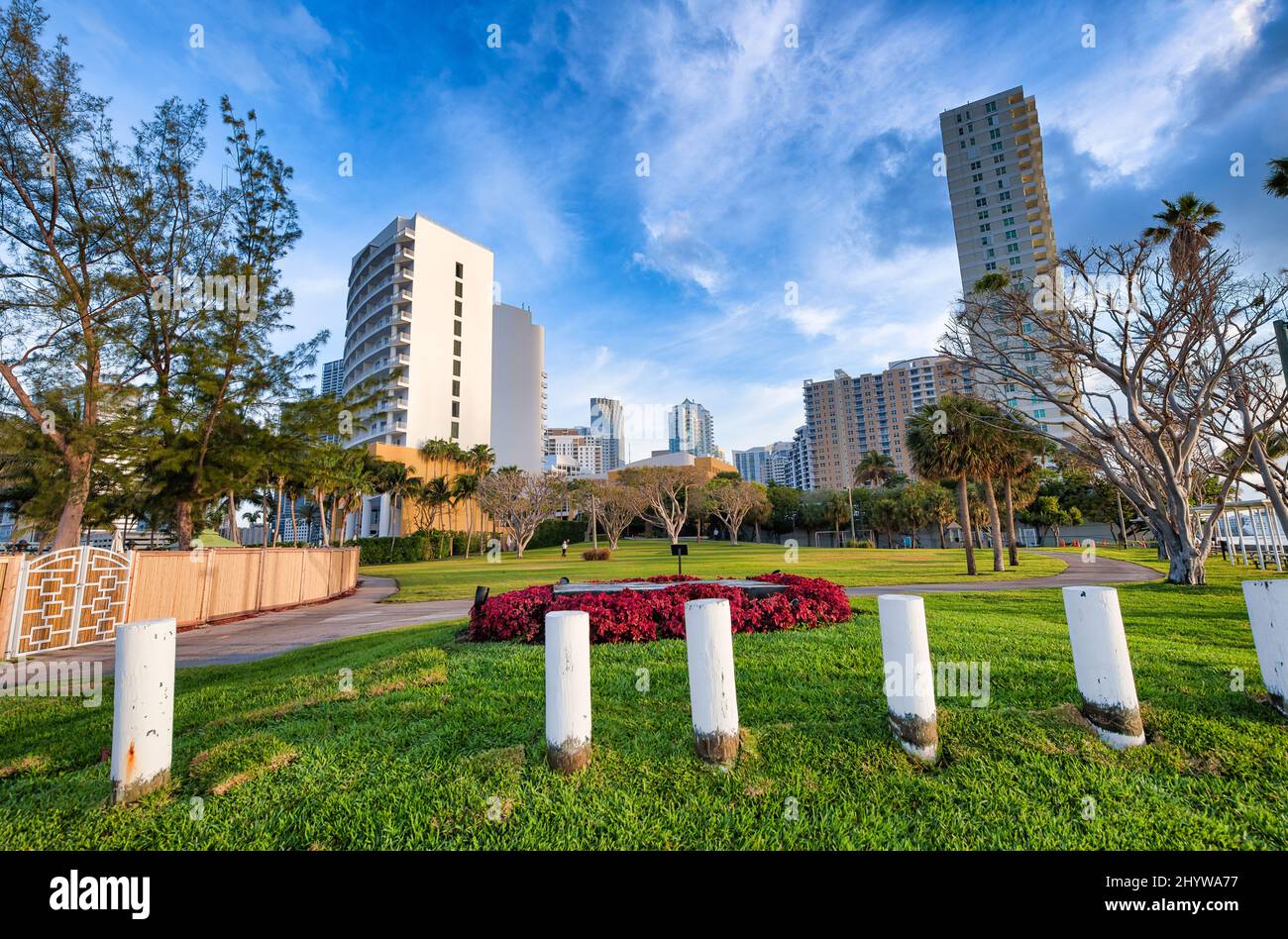 Brickell Key park and buildings on a beautiful morning, Miami - FL ...