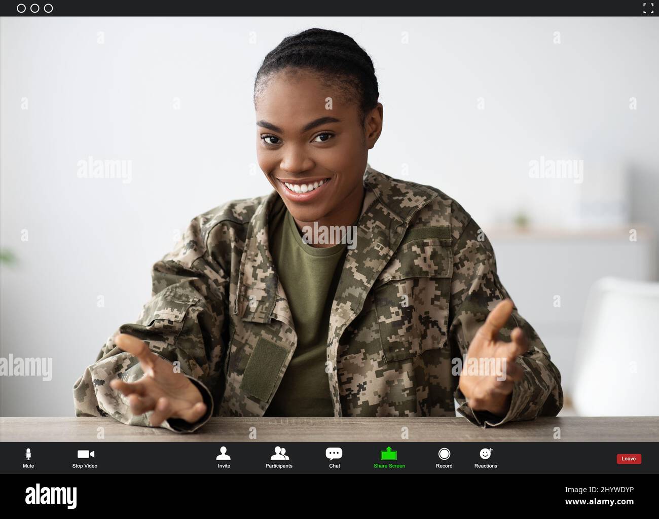 Teleconference Concept. Screenshot Of Smiling Black Soldier Woman ...