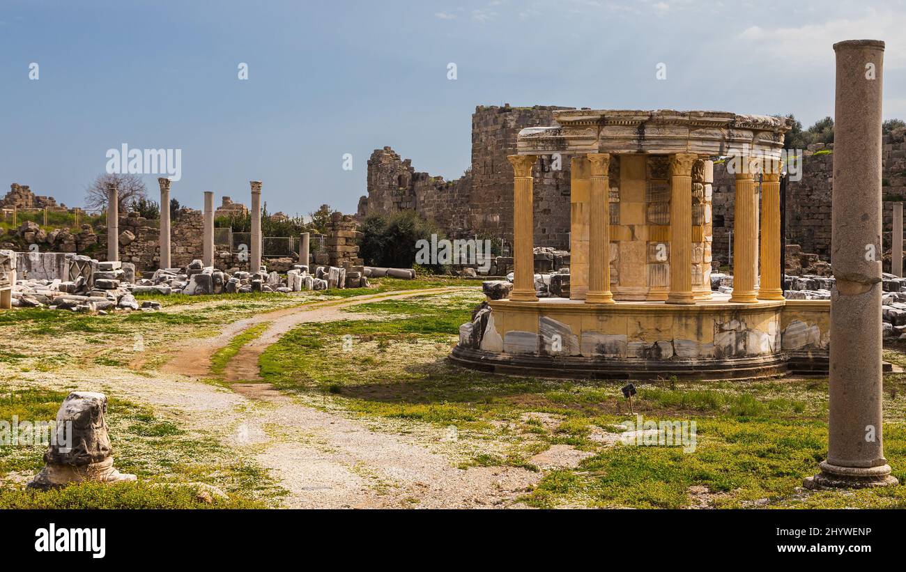 An antique ruined city of columns.Ruin. View of the ancient city in ...