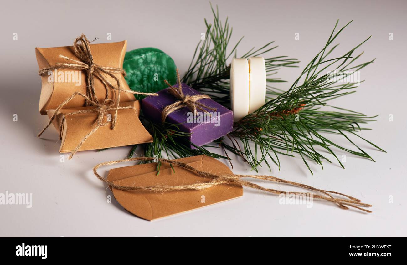 Still life of soap and ribbon bound parcels Stock Photo - Alamy