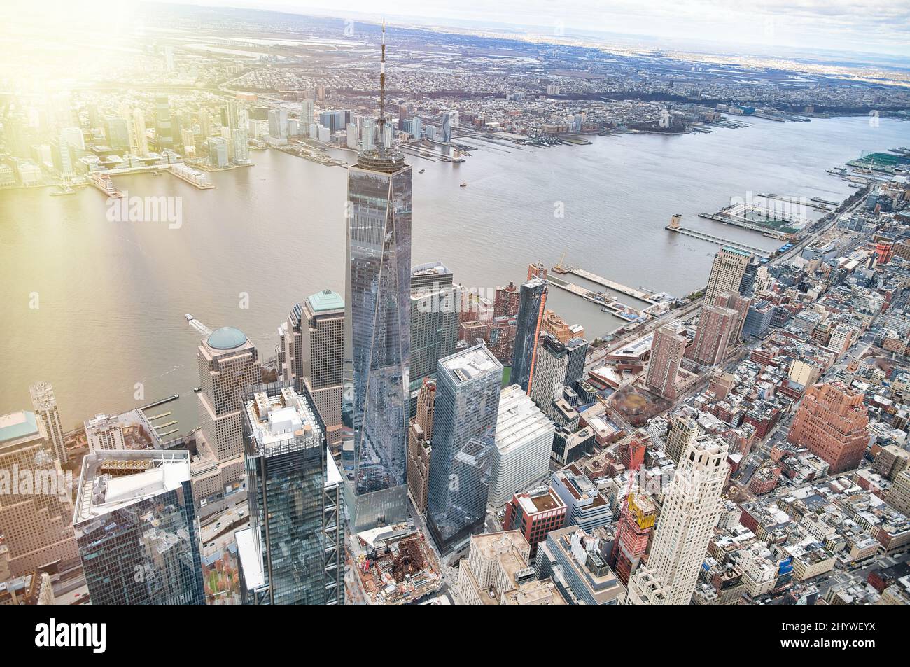 New York City from helicopter point of view. Downtown Manhattan ...