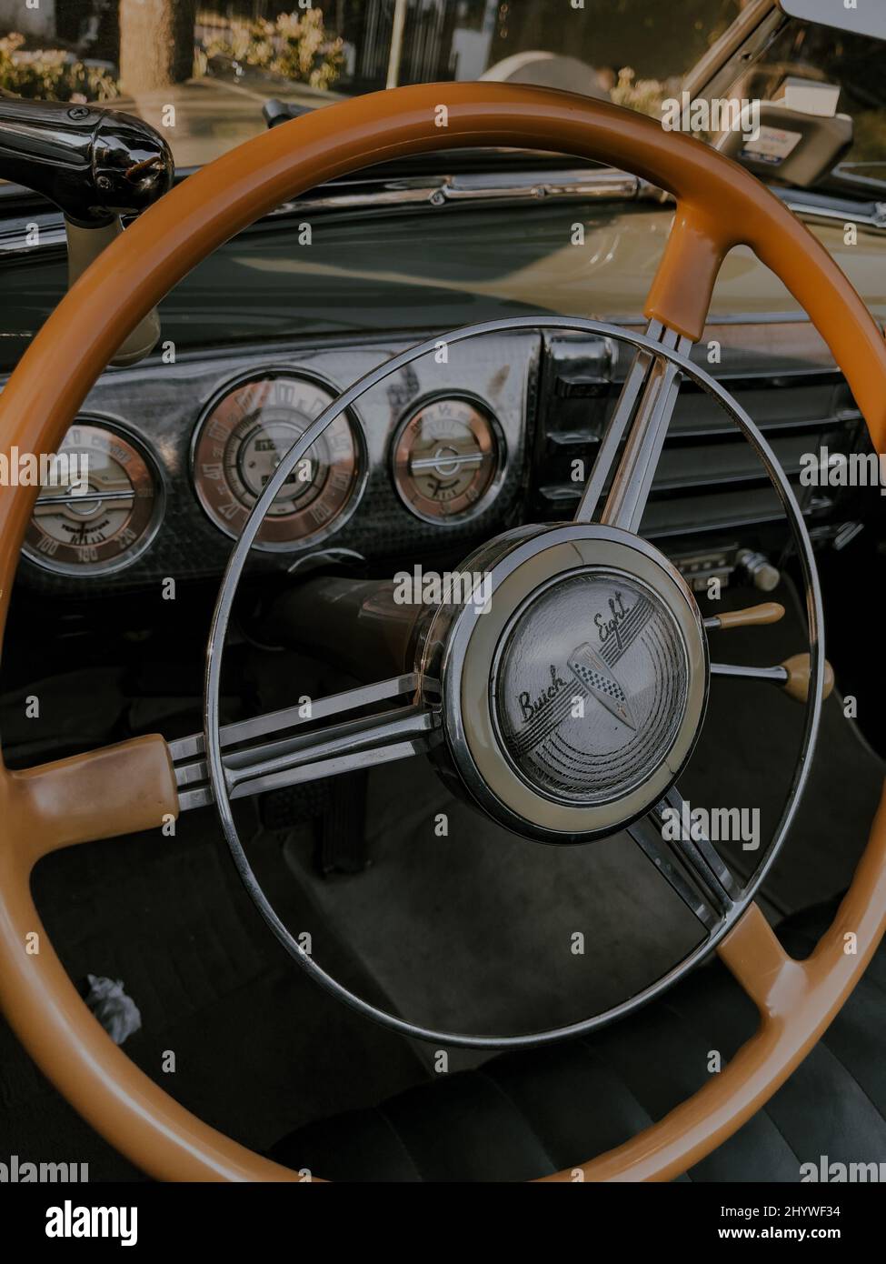 Steering wheel of a retro car Stock Photo - Alamy