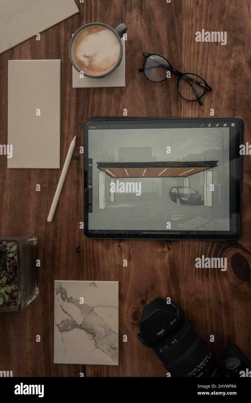 Desk with multiple objects on it Stock Photo - Alamy