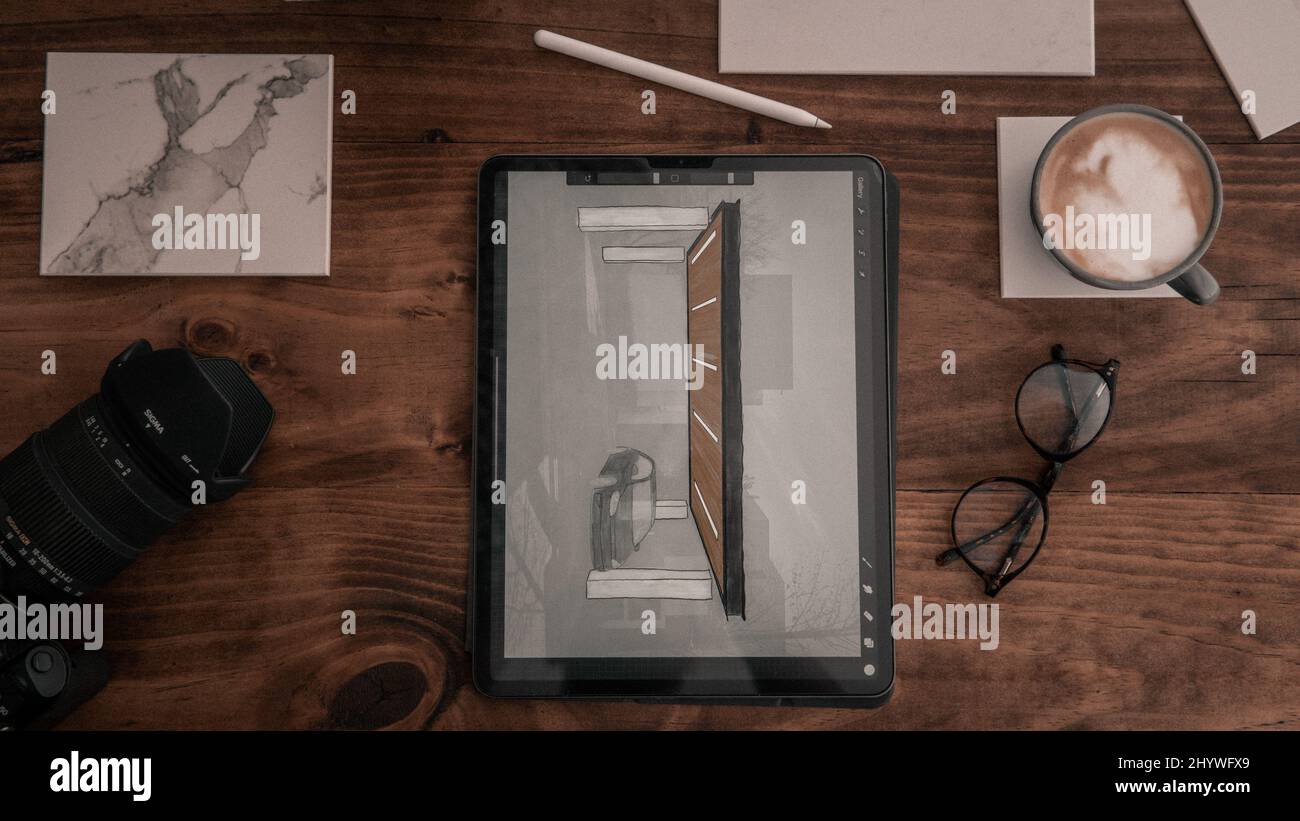 Desk with multiple objects on it Stock Photo - Alamy