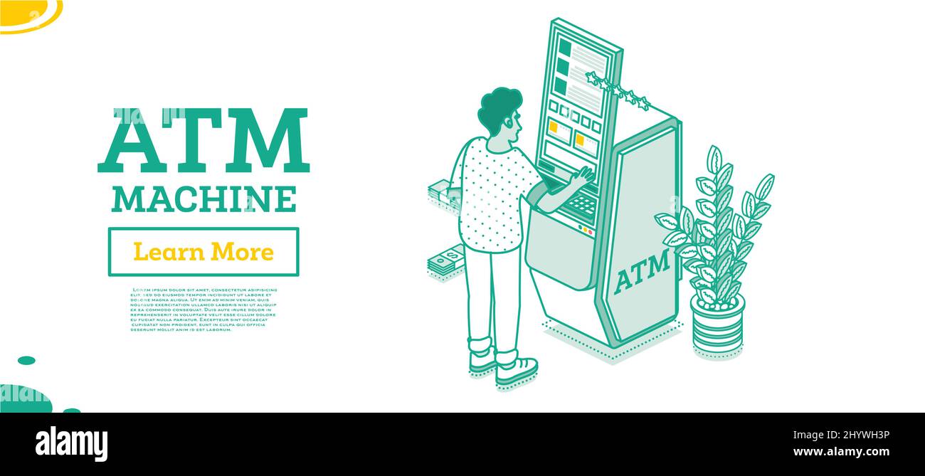 Man Withdrawal Cash in Modern Atm Machine Isolated on White. Isometric Business Concept. Vector ...